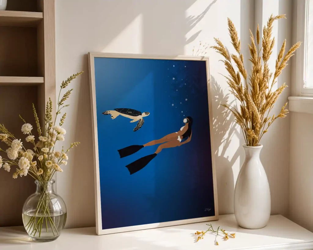 affiche freediving plongeuse tortue